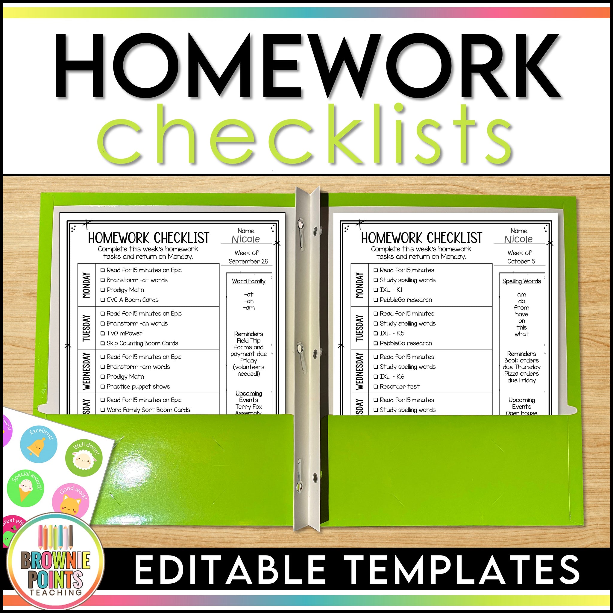 Editable Weekly Homework Checklists – Brownie Points Teaching Shop