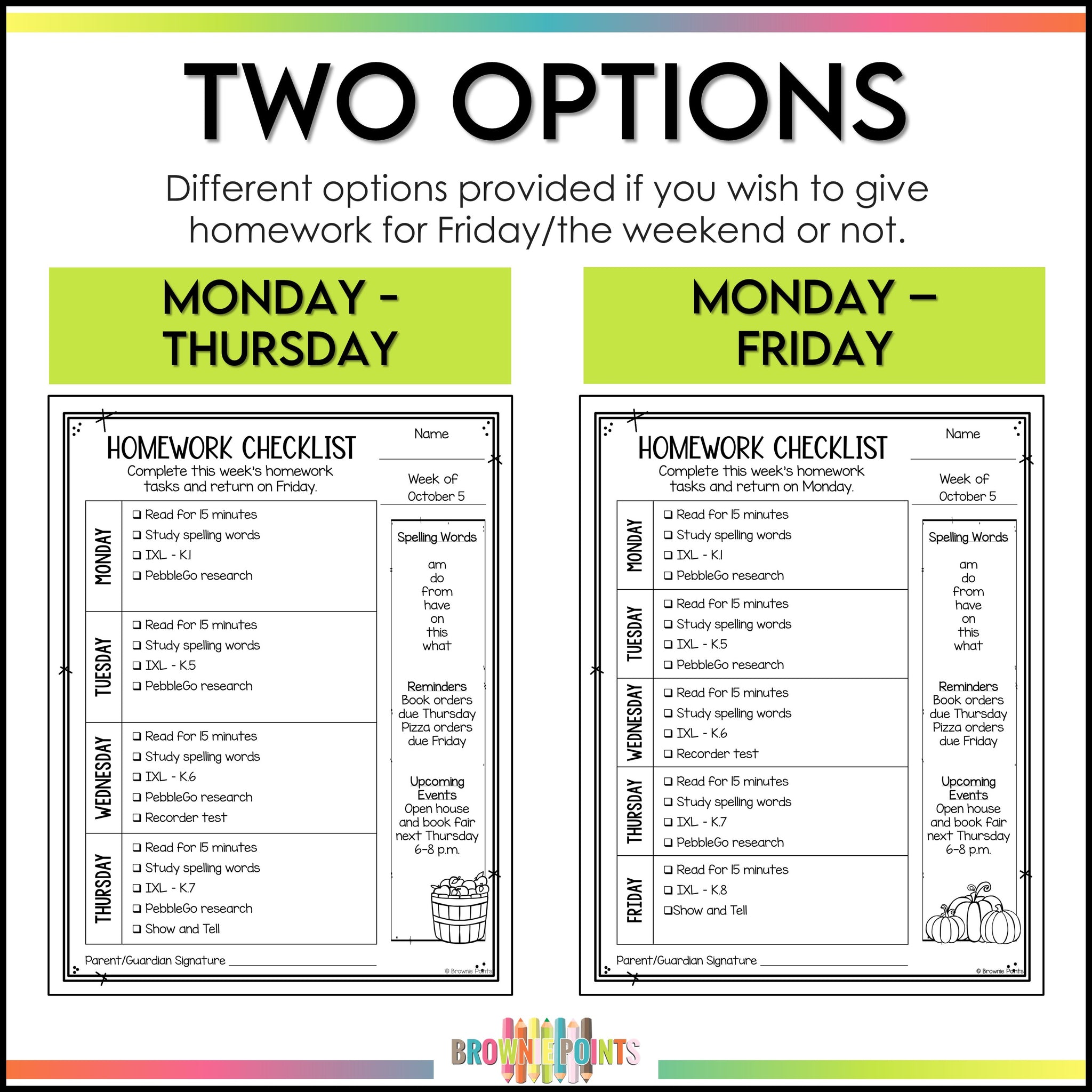 Editable Weekly Homework Checklists – Brownie Points Teaching Shop
